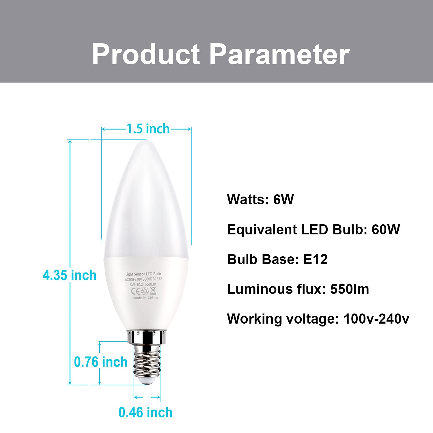 Dusk to Dawn Night Light Bulbs 6W E12 Light Sensor Bulb 3000K 60w Equivalent LED Bulb E12 LED Candelabra Bulb Base,Auto On and Off for Home,Outdoor,Yard Light,Warm White (2 Pack)