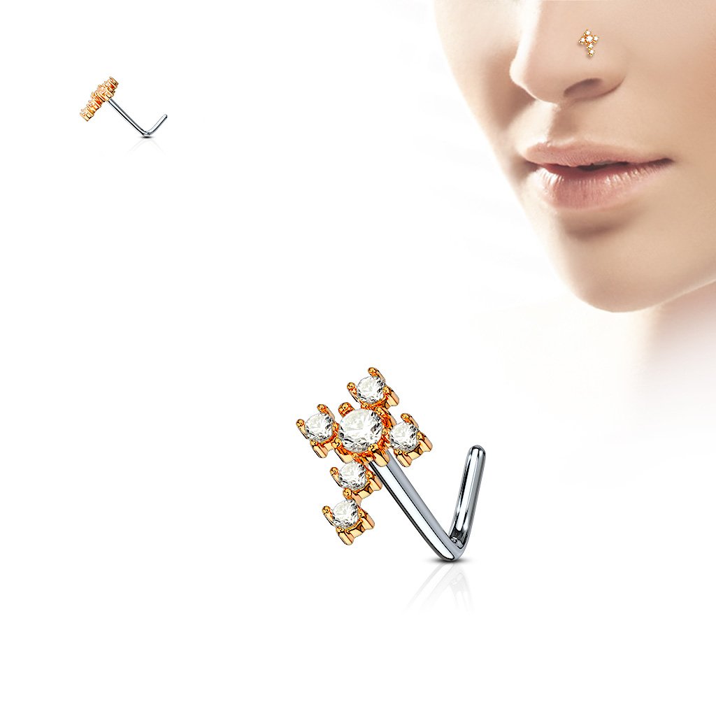 Dynamique CZ Cross 316L Surgical Steel L Bend Nose Stud Ring (Sold Per Piece)