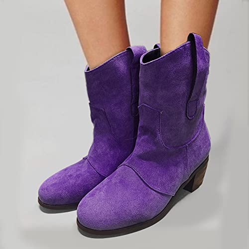FASDNENDYS Casual Shoes Retro Style Boots Comfortable Roman Ankle Boots Leather Boots for Women with Heels Purple