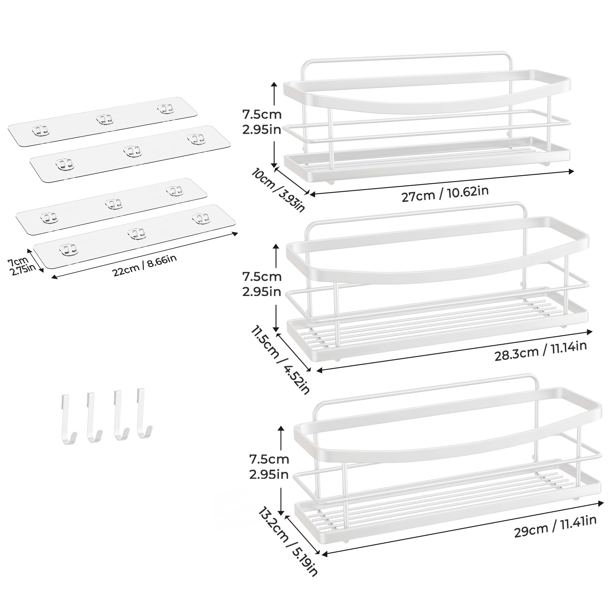 Orimade Adhesive Shower Caddy Shelf with Hooks Organizer Storage Rack Rustproof Wall Mounted Stainless Steel No Drilling for Bathroom, Toilet, Kitchen - 3 Tier, White