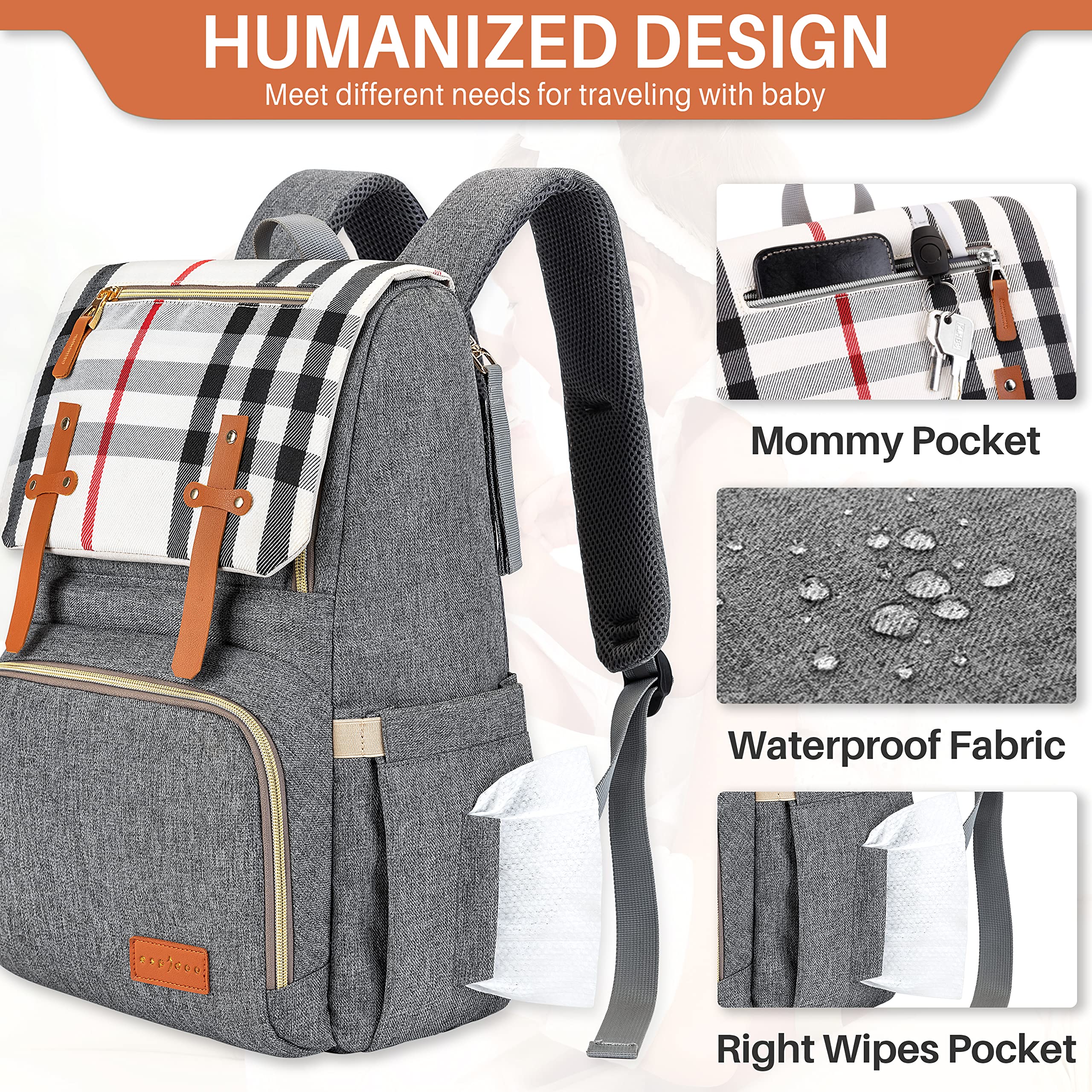 espidoo Diaper Bag Backpack, Large Capacity Multi-Function Waterproof Maternity Nappy Bags Changing Bags with Insulated Pockets and Stroller Straper for Mom Dad Travel Gear, Light Grey with Plaid