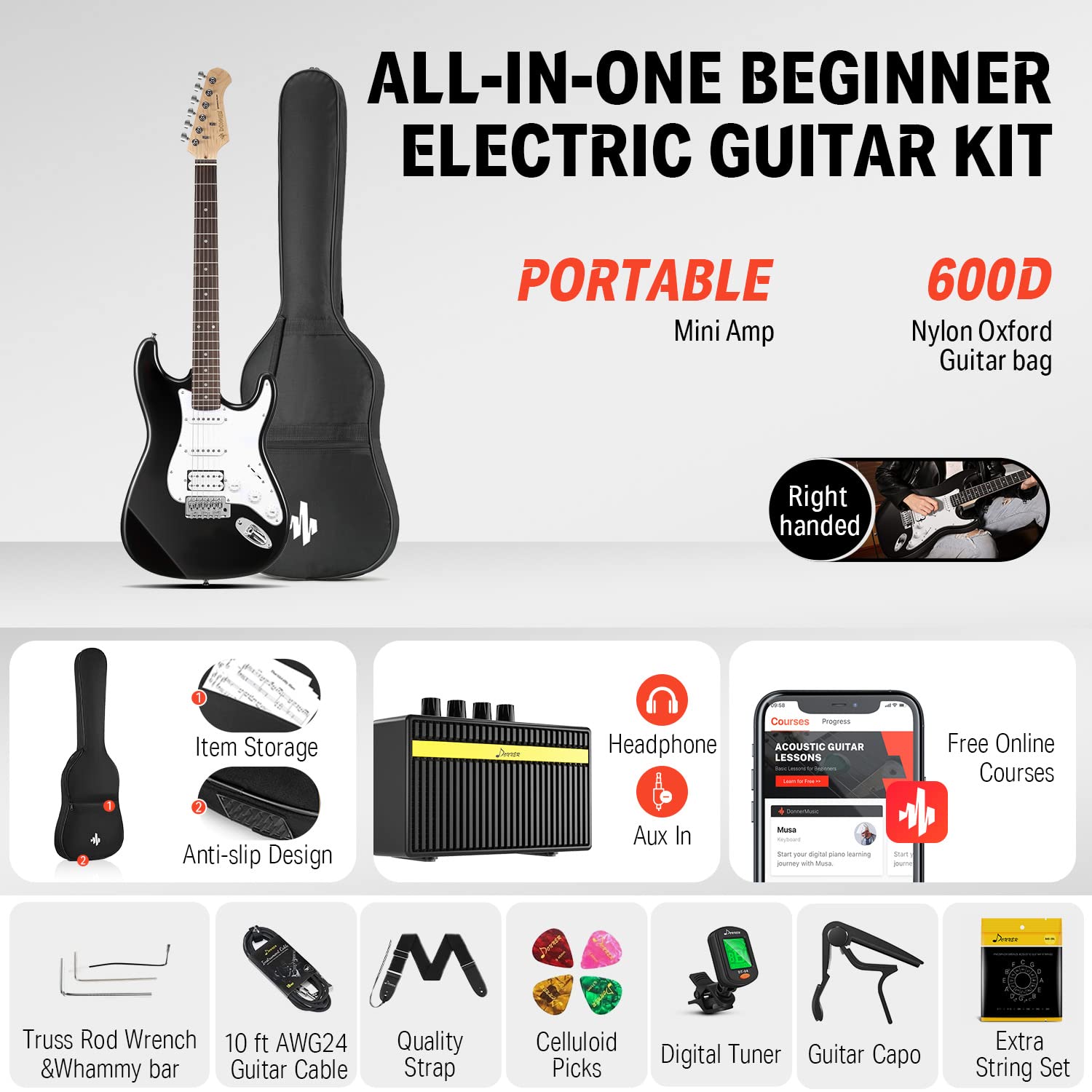 Donner DST-100B 39 Inch Electric Guitar Beginner Kit + Guitar Cable 10 ft Black White
