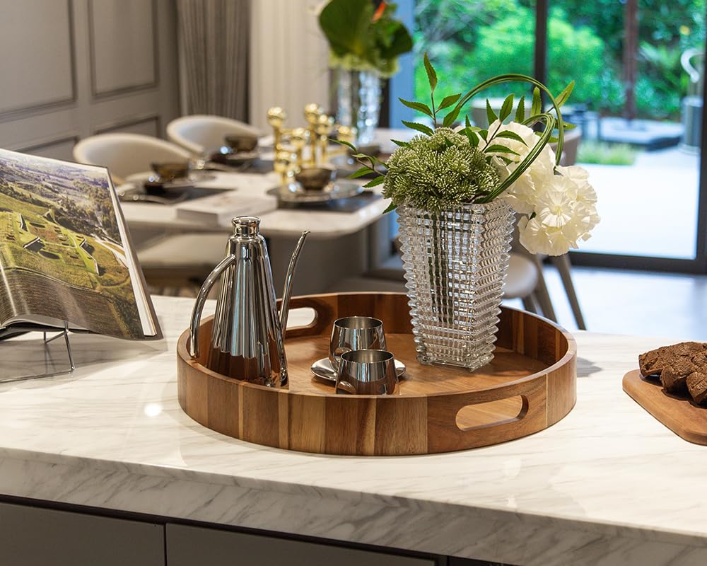 Full Solid Round Decorative Serving Tray | Farmhouse Style Acacia Wood Trays for Ottoman Coffee Table Bath Counter Organizer Tray | Kitchen Tray Platter Living Room Candle Decor | for All Occasion