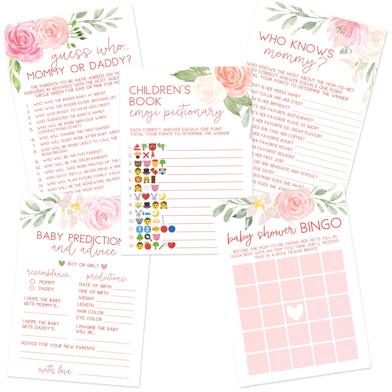 Printed Party Baby Shower Games for Girl โ 5 Games & Activities, Baby in Bloom Floral Theme, 50 Guests