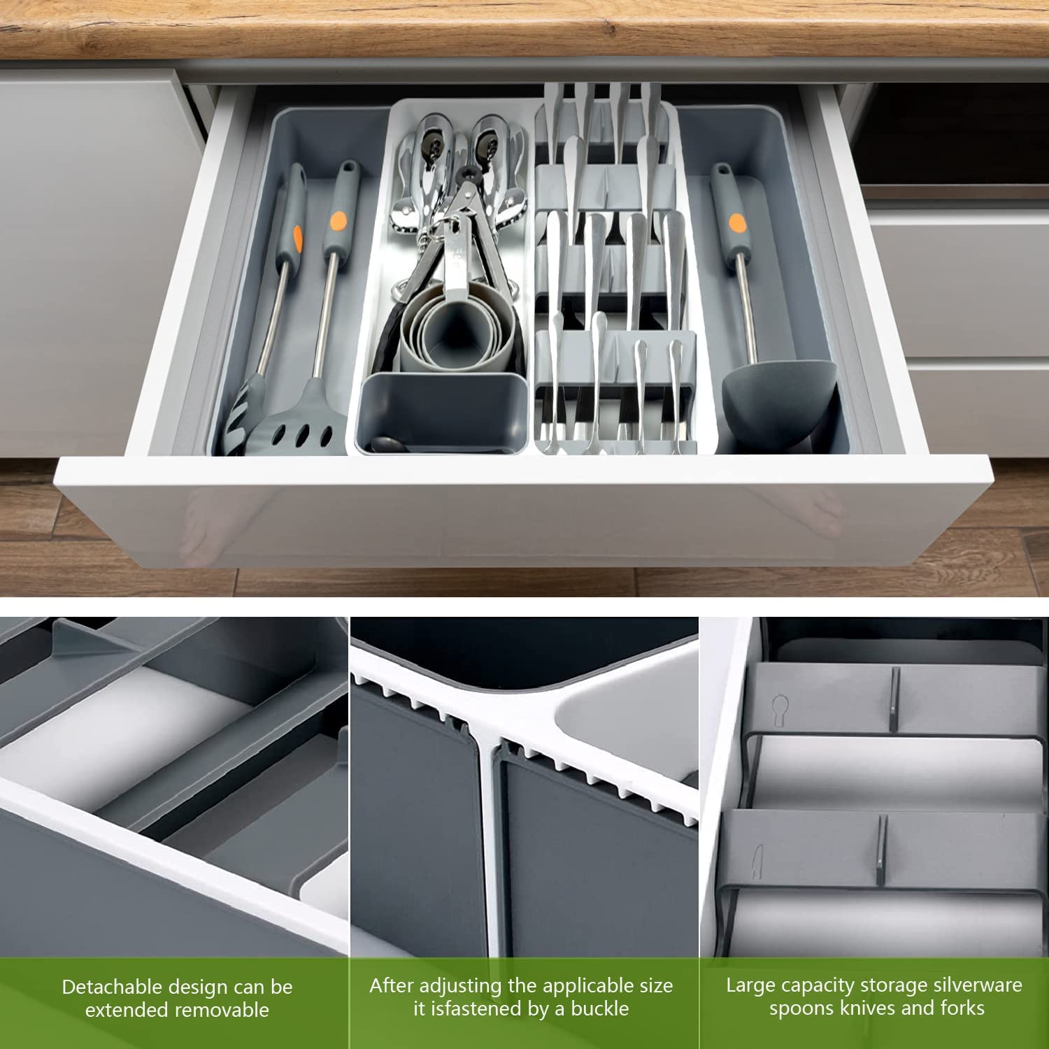 Expandable Silverware Drawer Organizer,Adjustable Kitchen Drawer Organizer with 8 Compartments,Compact Utensil Organizer,Multi-Purpose Cutlery Organizer,Large Capacity Utensil Tray for Spoons,Knives