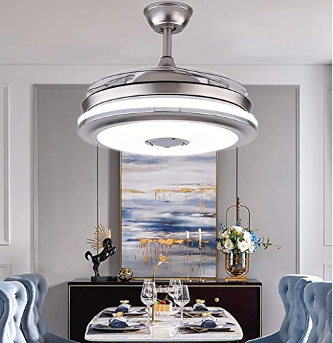 Fandian 42'' Modern Smart Ceiling Fans with Light,Bluetooth Speaker Music Player Chandelier, 3 Colors 3 Speeds Retractable Blades with Remote Control, Silent Motor with LED Kits (42in-Silver1)