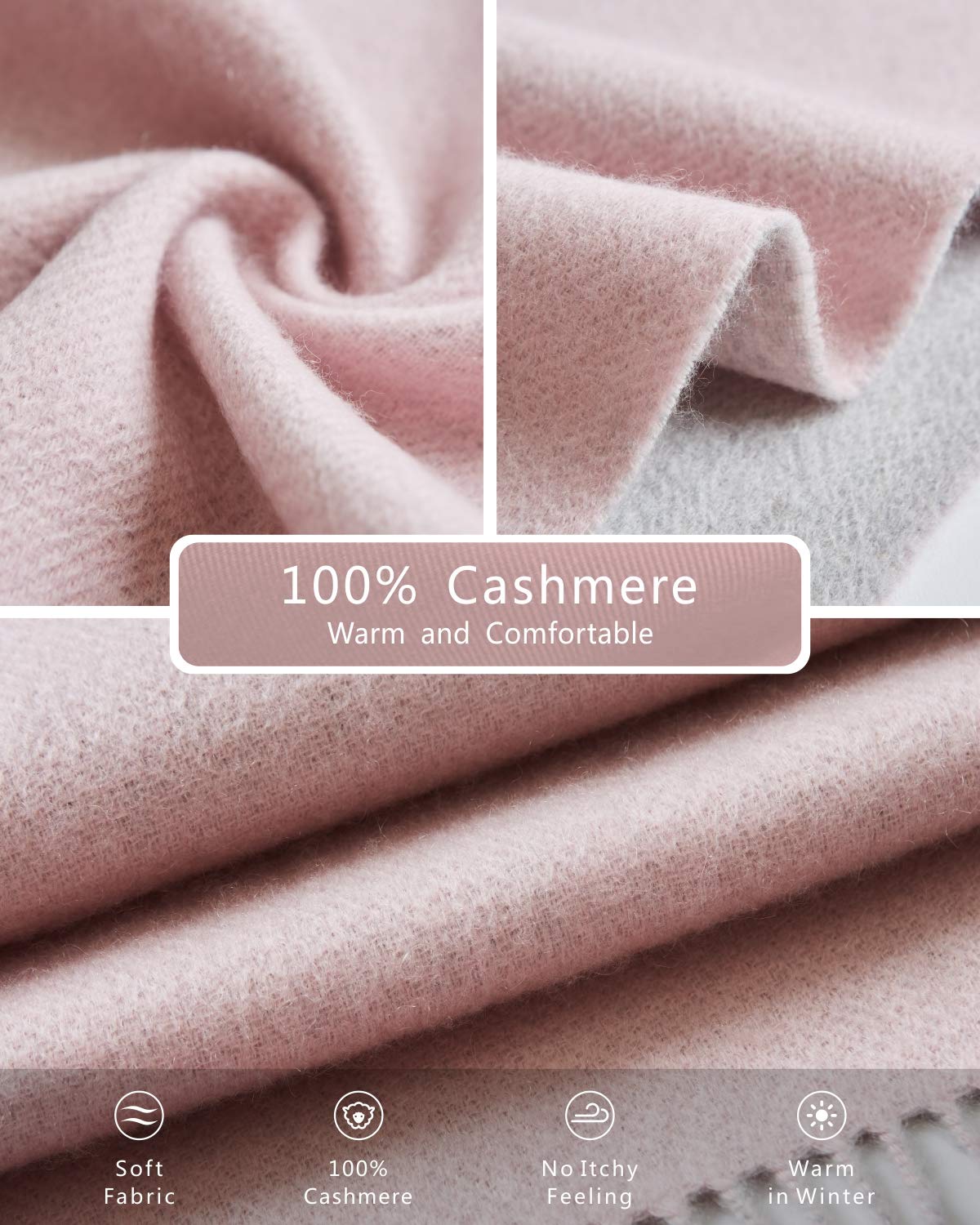 EURKEA 100% Cashmere 2023 Winter Collection, Women Fringed Edges Scarf, Gift Ready, Colors Available in Solid/Plaid/2-Tone, Pink and Light Grey, Free Size