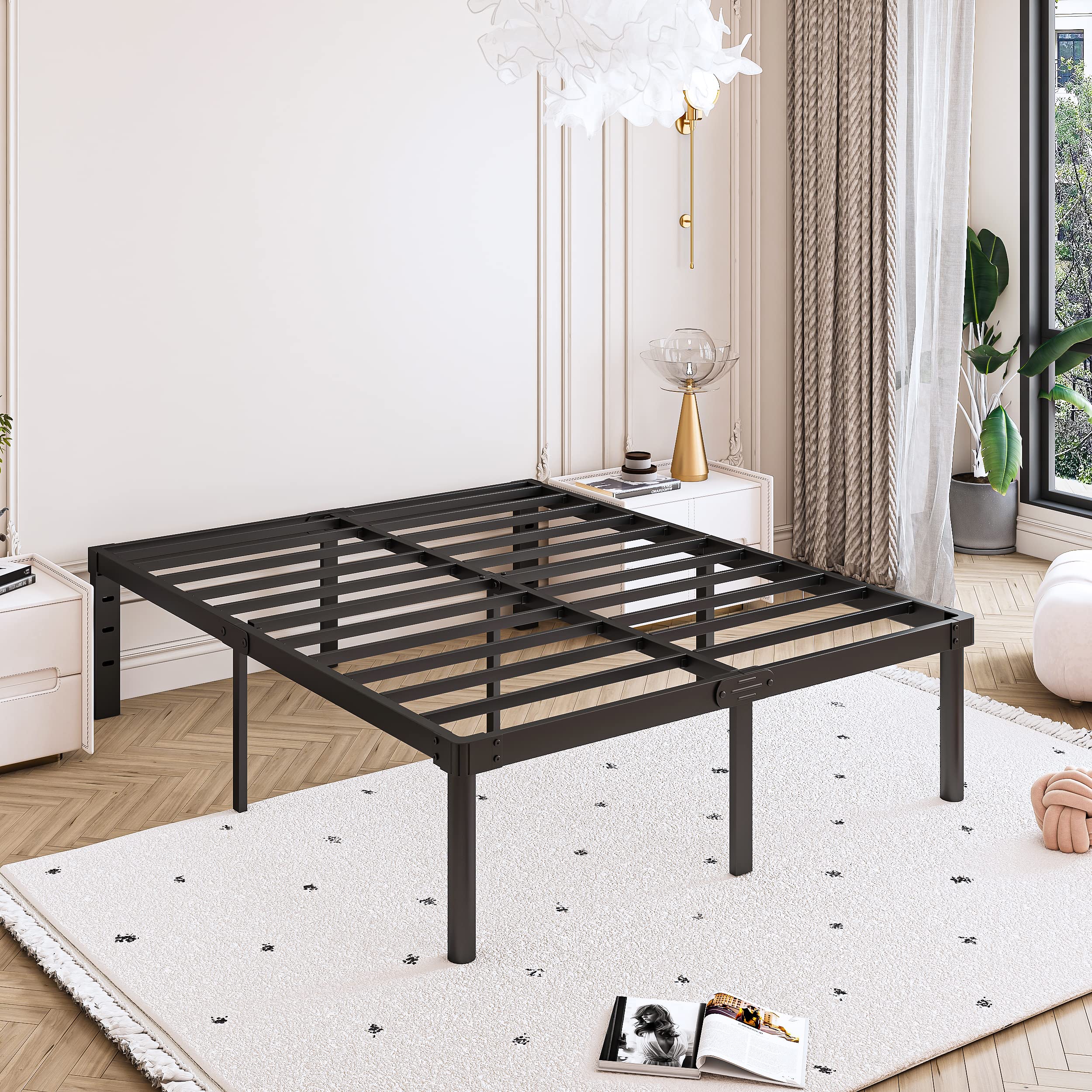 FDLOGW Queen Bed Frame, 12 Inch Queen-Size Bed Frames with Round-Corner Leg, Heavy Duty Steel Slat Mattress Foundation, Easy Assembly, Noise-Free, No Box Spring Needed