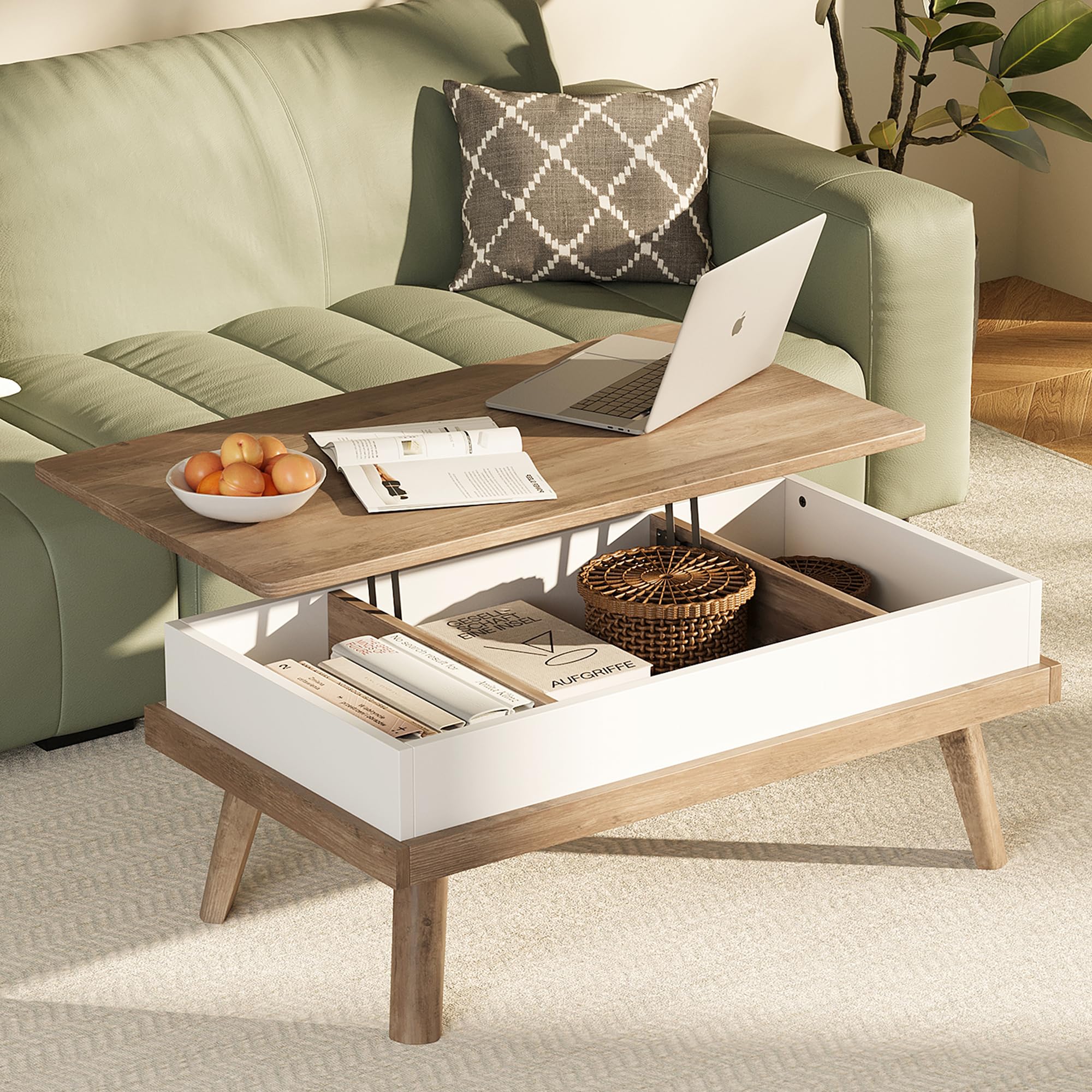 Meilocar Wood Coffee Table, Lift Top Coffee Table with Hidden Compartment, Coffee Table for Living Room Reception Room, 39.4in L, Ivory
