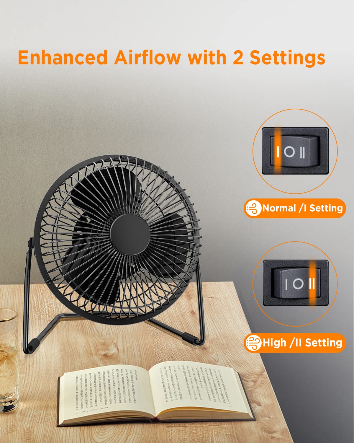 EasyAcc 6 Inch USB Desk Fan, Small USB Desk Fan, [Small Quiet Strong Airflow and 360° Rotating Personal Table Cooling Fan] USB Powered Portable Fan, 2 Speed（3.3~4.1 M/S Black (USB POWERED ONLY)
