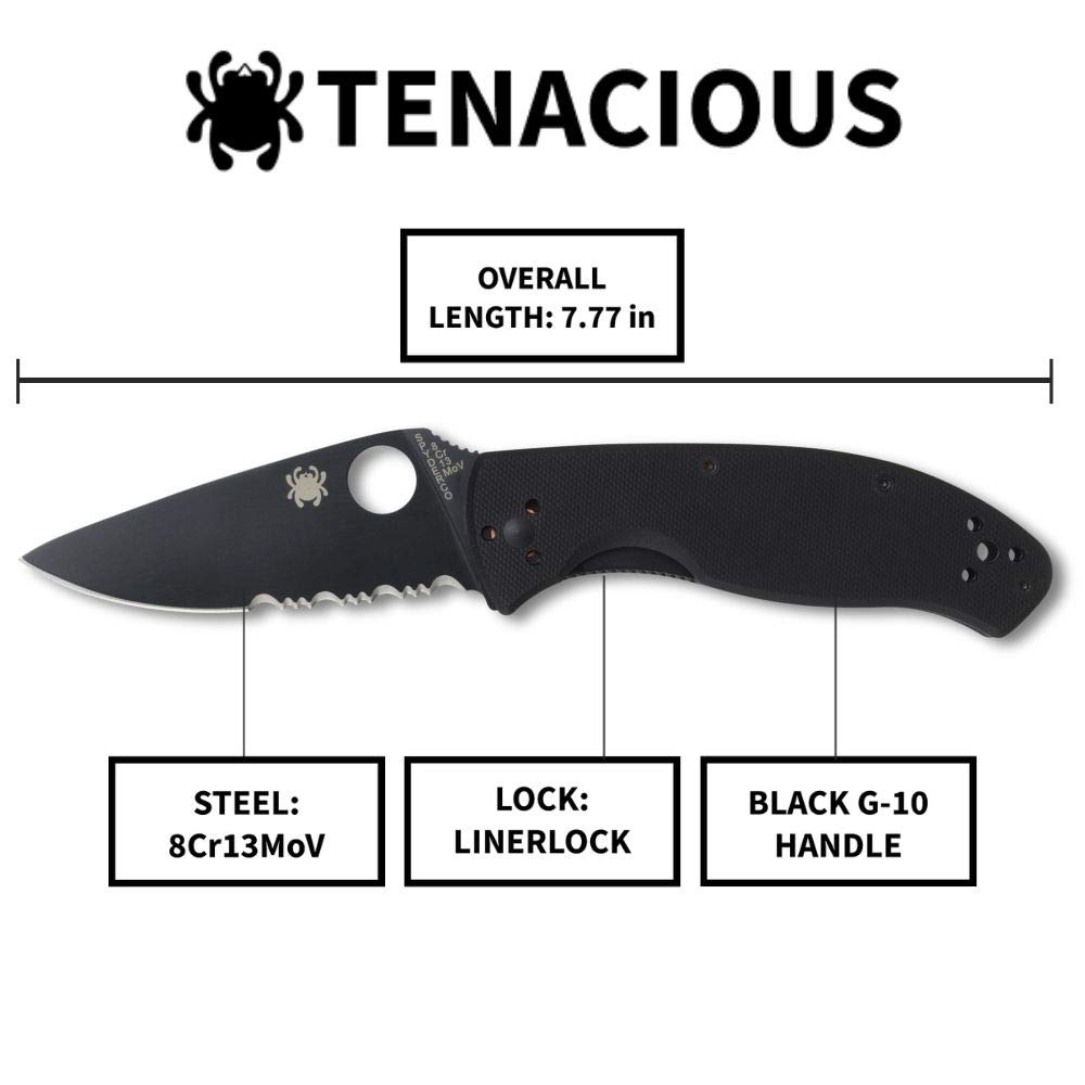 Spyderco Tenacious Folding Utility Pocket Knife with 3.39" Black Stainless Steel Blade and Durable G-10 Handle - Everyday Carry - CombinationEdge - C122GBBKPS