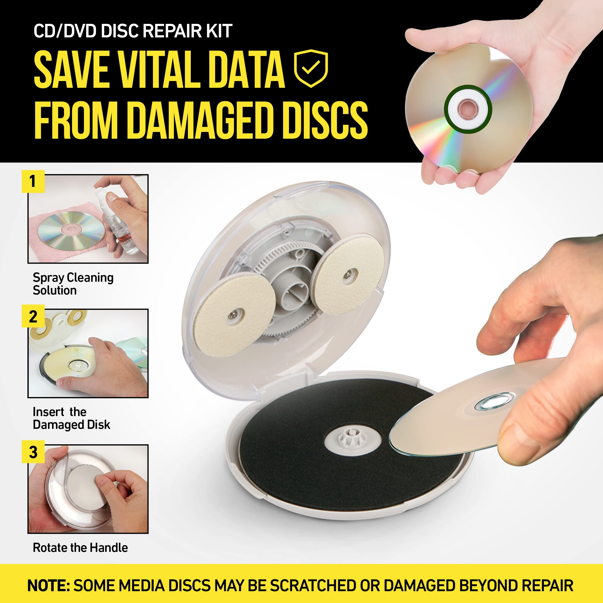 DVD CD Repair Kit with Cleaning Solution Included - Hand Powered CD DVD Cleaner and Scratch Remover Cleans and Polishes Discs with Minor Damage