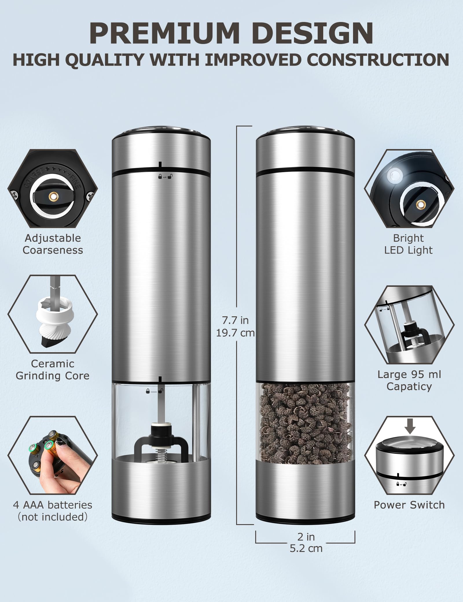 innhom Electric Salt and Pepper Grinder Set Battery Operated Stainless Steel Salt Grinder Pepper Mill Automatic Salt and Pepper Grinder Set with Adjustable Coarseness