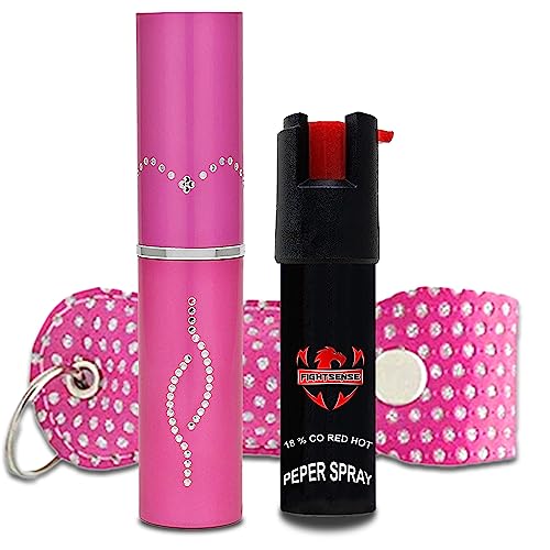 FIGHTSENSE Women Self Defense Kit W/Pepper Spray and Lipstick Stun Gun W/Flashlight, 25Burst, 1.6µC Painful Charge, Rechargeable Battery, includes Keychain Leather Pouch(Pink/PBSpray)