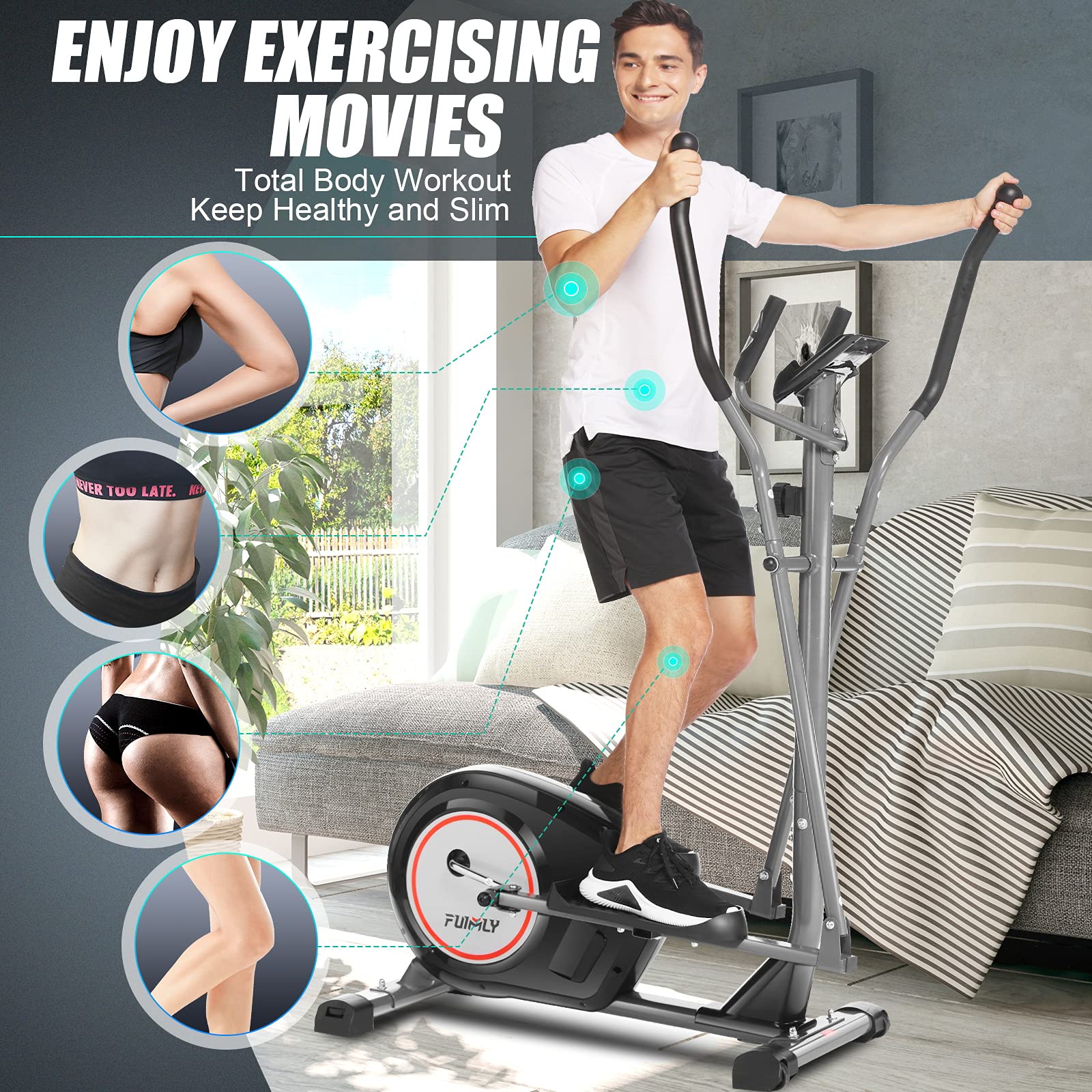 FUNMILY Elliptical Machine for Home, Elliptical Machine Cross Trainer with APP, 8 Level Magnetic Elliptical with LCD Monitor and Pulse Sensors Max Capacity 390lbs (Silver)