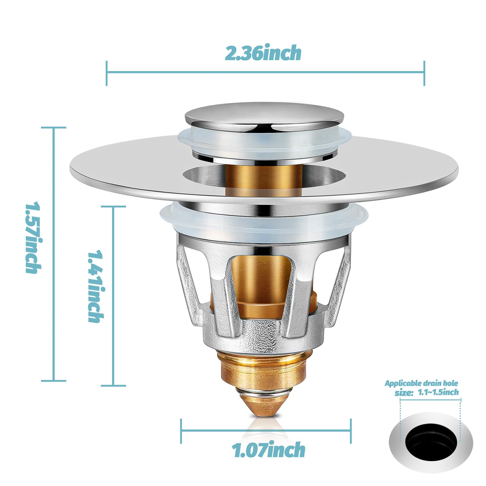 MEIUOAE Bathroom Sink Stopper,pop up Sink Drain Stopper,Bounce Washbasin Sink Stopper, for 1.1~1.5 in Drain Holes, Wash Basin Drain Filter ,Bathroom Sink Drain Stopper (Silver)