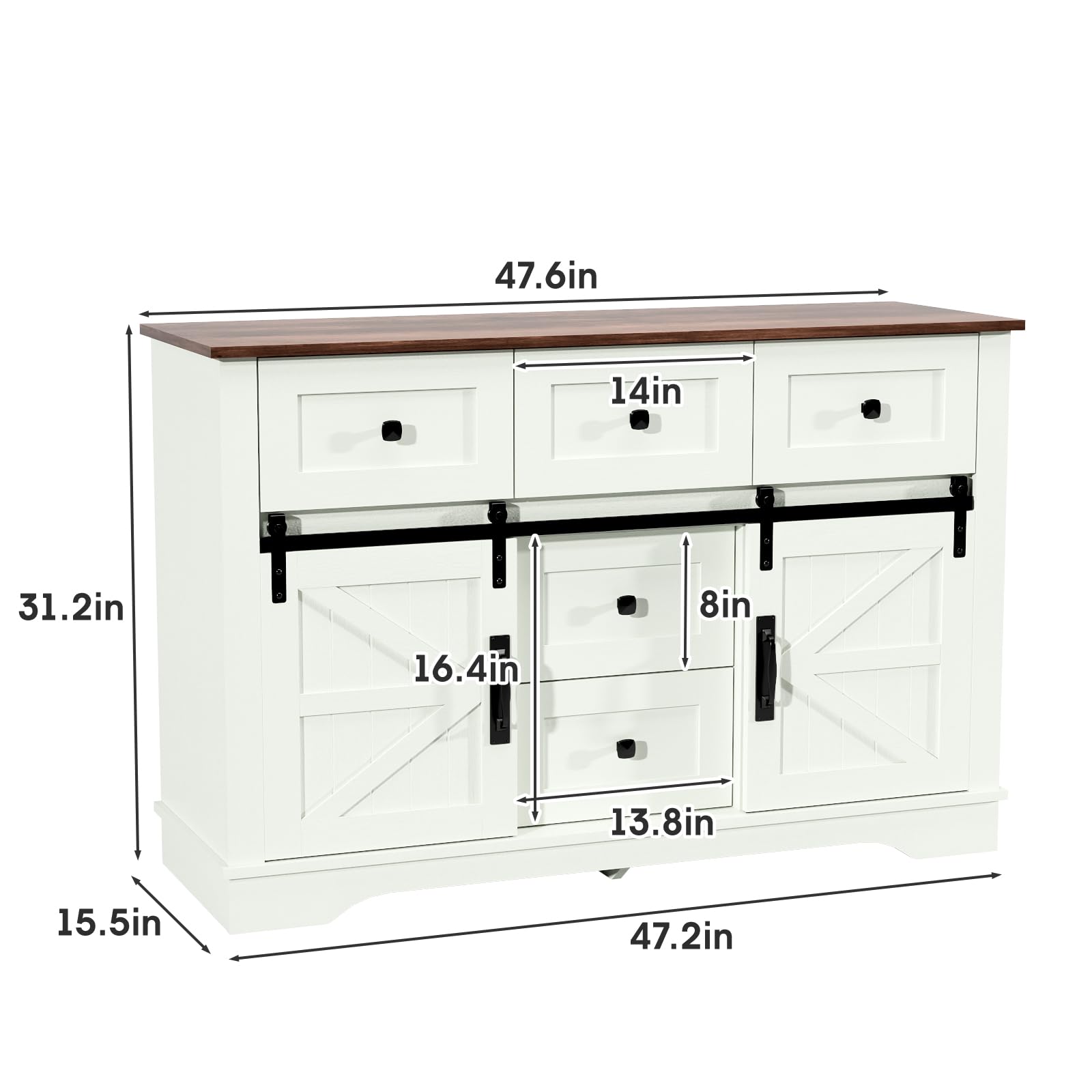 Vabches Farmhouse Sideboard Buffet Cabinet with Storage, Large Kitchen Sideboard Cabinet, Sliding Barn Doors and 5 Drawers, Adjustable Storage Shelves, Coffee Bar Table for Dining Room, White