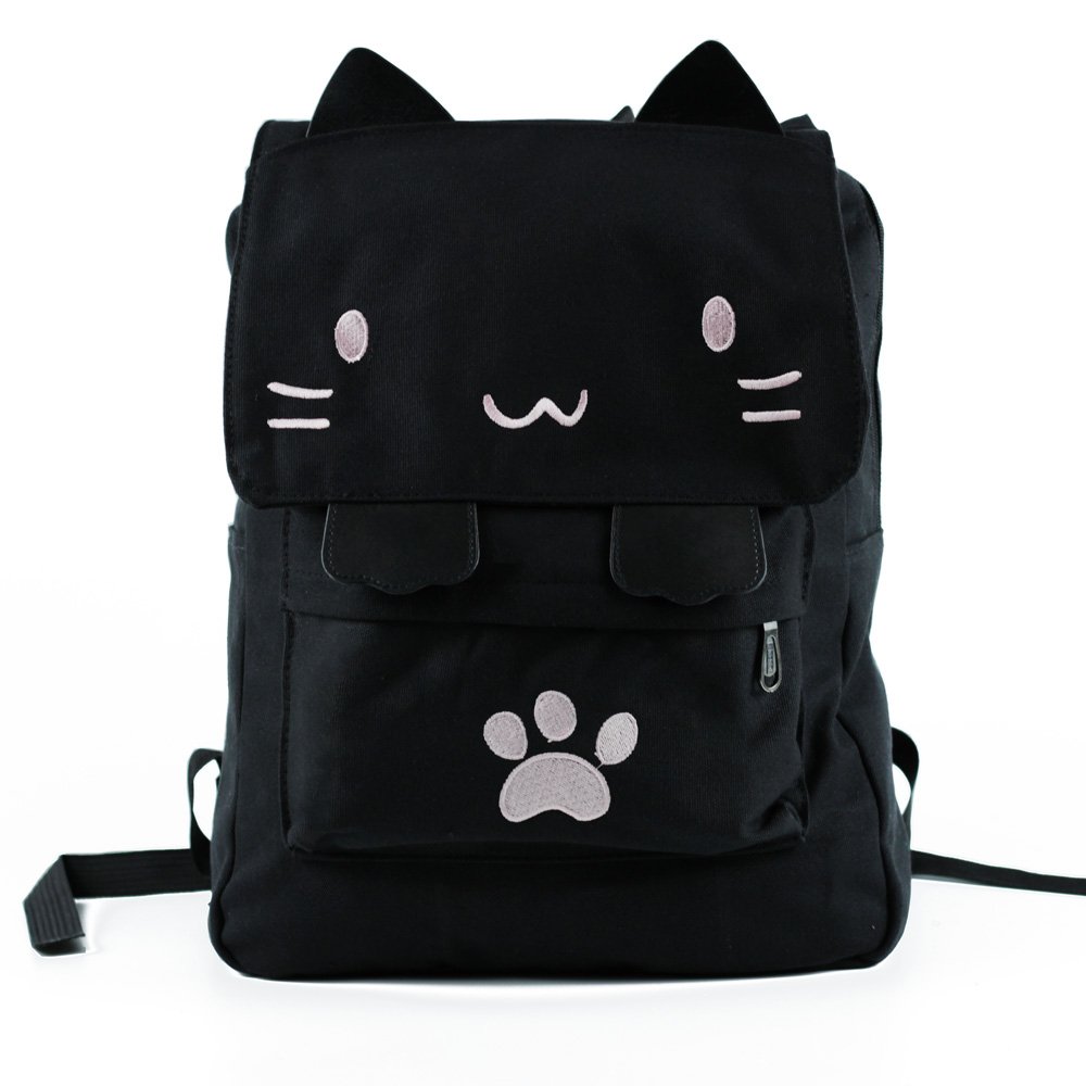 DemonChest Black College Cute Cat Embroidery Canvas School Backpack Bags for Kids Kitty(White)