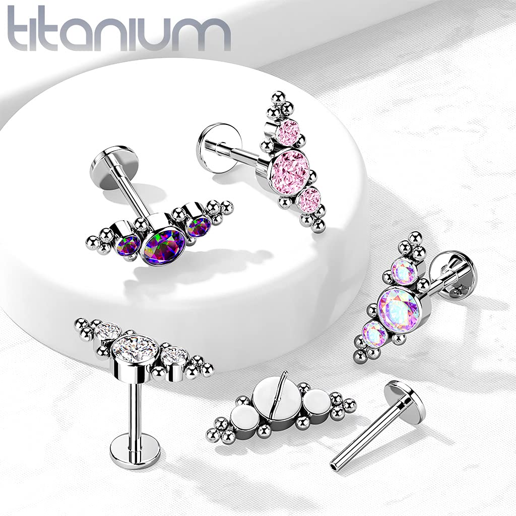 Dynamique Implant Grade Titanium Threadless Push In Labret, Flat Back Stud With 3 CZ And Ball Clusters Top for Cartilage, Lip, Nose (Sold Per Piece)
