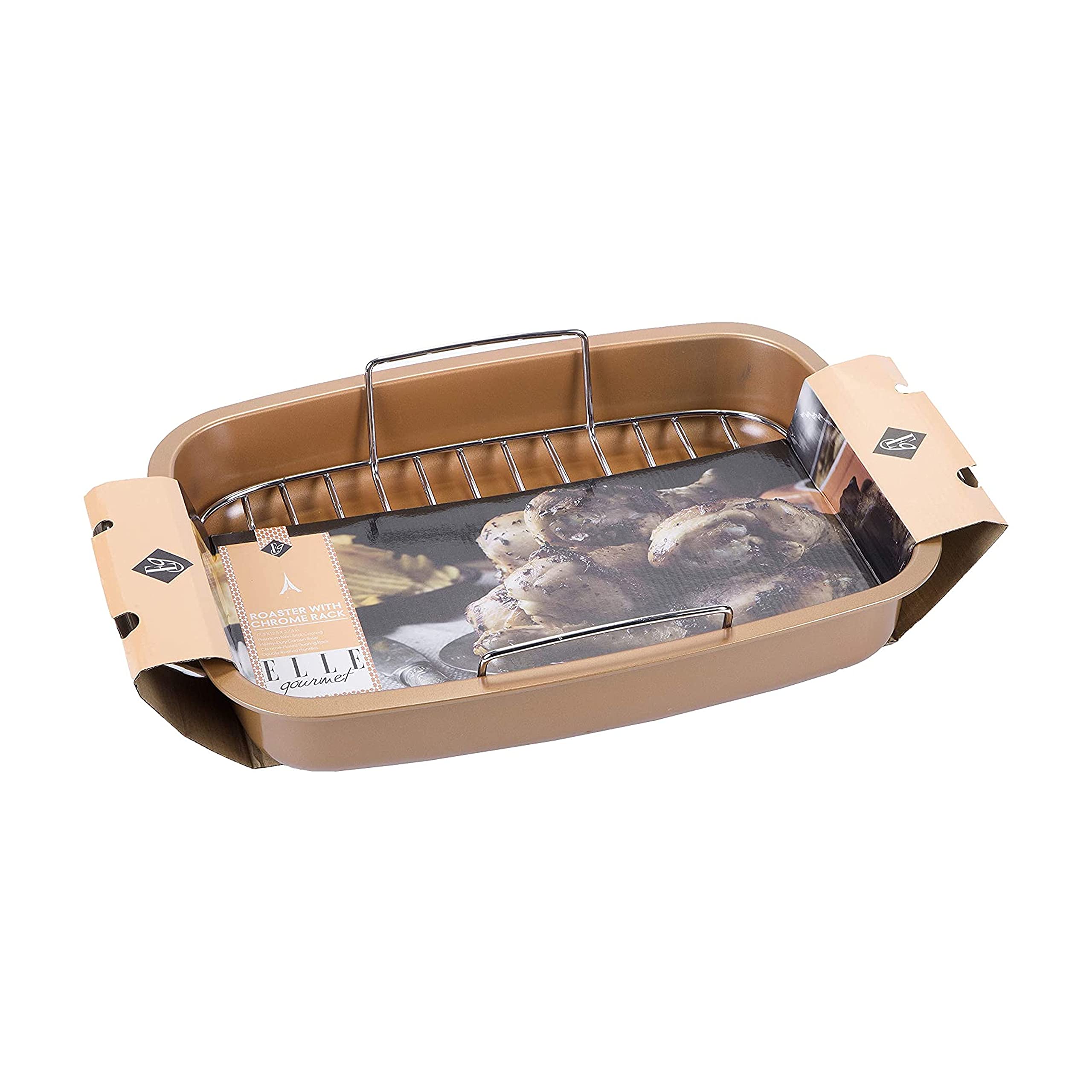 Heavy Gauge, Carbonized Steel, Commercial Kitchen Grade Copper Non-Stick Roaster with Chrome Floating Rack for 22 lb Turkey by Elle Gourmet