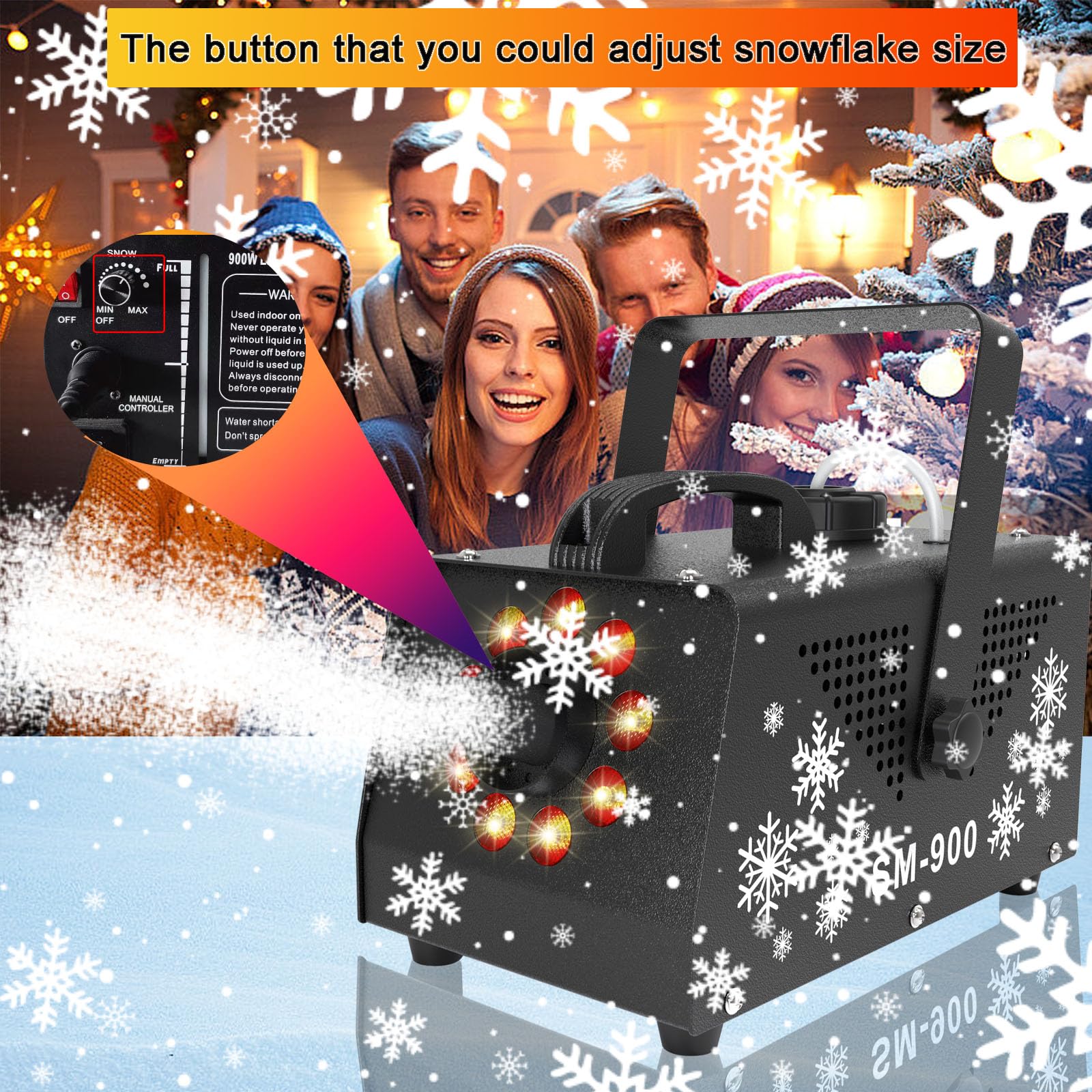 IMONE 900W Christmas Snow Machine with 9 Lights,High Output Fake Snow Machine with Remote,Foam Snow Machine Indoor, Outdoor Snow Making Machine,Snow Maker Machine,Snowflake Machine for Parade,Party