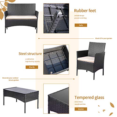 KaiMeng Patio Outdoor 4 Pieces Indoor Use Conversation Sets Rattan Wicker Chair with Table Backyard Lawn Porch Garden Poolside Balcony Furniture, Black