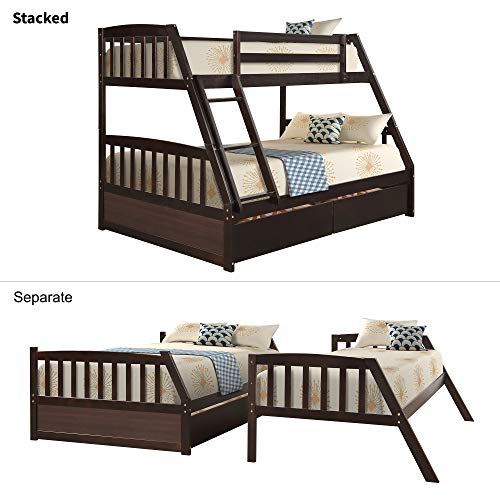Solid Wood Twin Over Full Bunk Bed with Two Storage Drawers (Espresso)