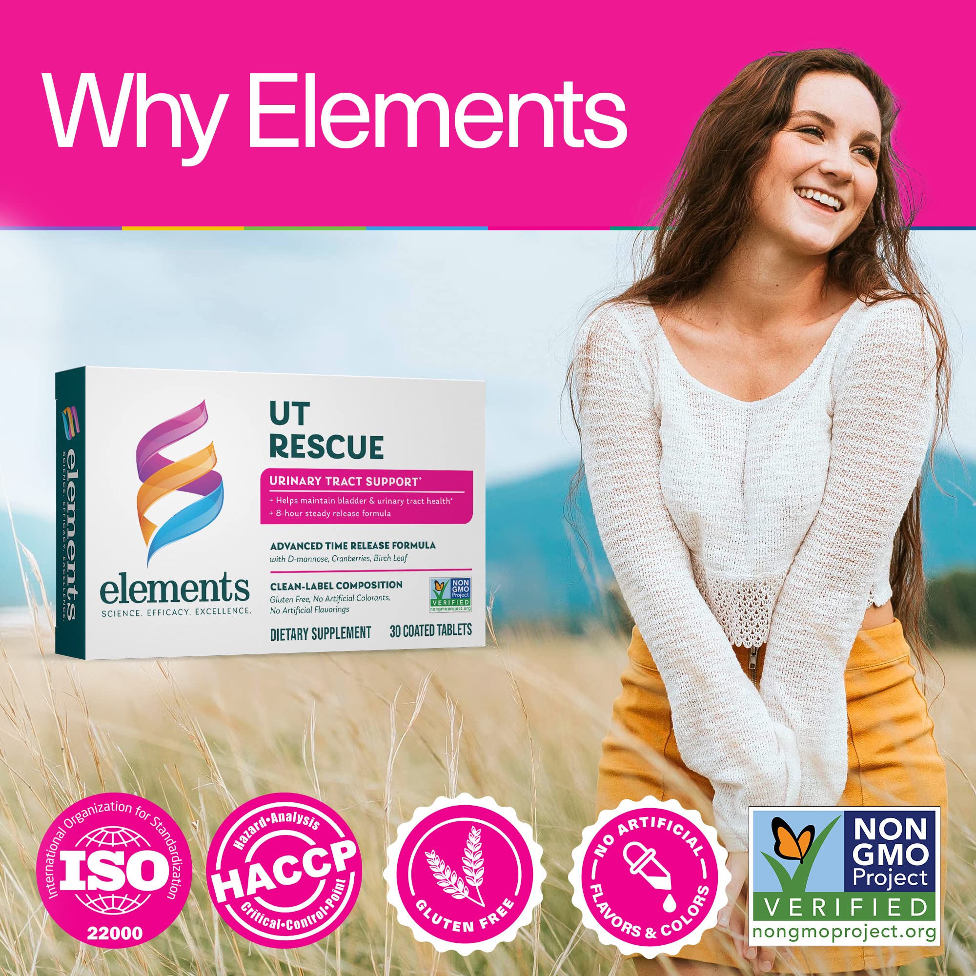 Elements UT Rescue, 30 Tablets (15 Day Supply), Urinary Tract Support Supplement, Bladder and Urinary Tract Health Support and Cleanse, Gluten Free, Non-GMO Certified