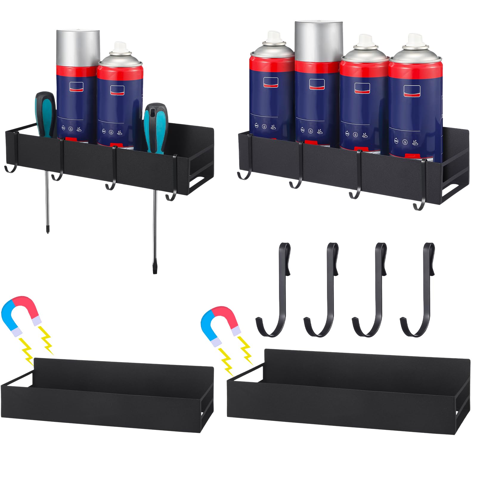 MorningRo 4 Pcs Magnetic Aerosol Spray Can Holder with 4 Hook Magnet Toolbox Bottle Holder 2 Size Wall Mounted Spray Bottle Holder Spray Can Organizer Aerosol Can Rack for Garage Home Workspace, Black