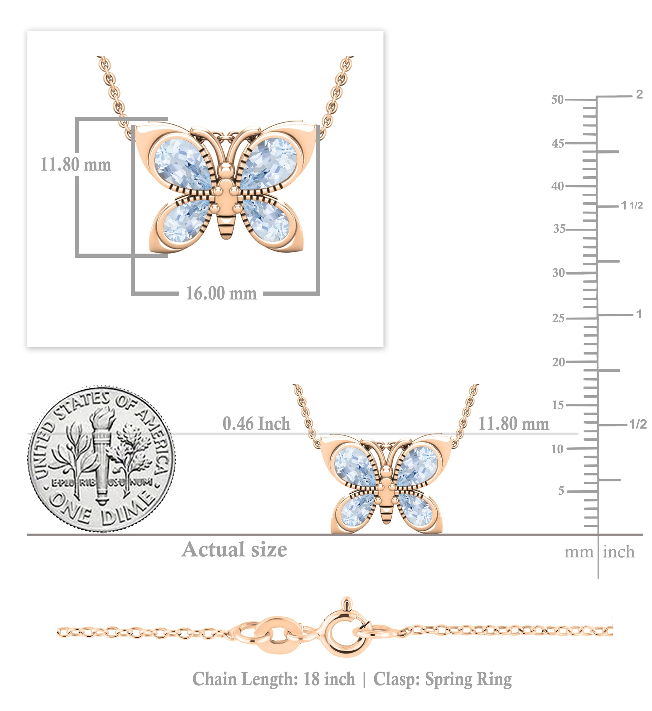 Dazzlingrock Collection Pear Aquamarine Women Butterfly Pendant with 18 inch Gold Chain in 10K Rose Gold