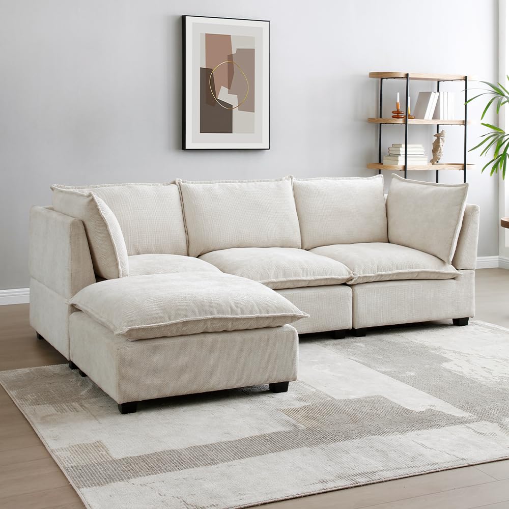 kevinplus 99.3'' Sectional Sofa Couch Cloud Sofa Couch Dupes with Feather Filled for Living Room, Modern Modular 3-Seat L-Shape Sofa Couch with Convertible Ottoman, Linen Fabric, Beige