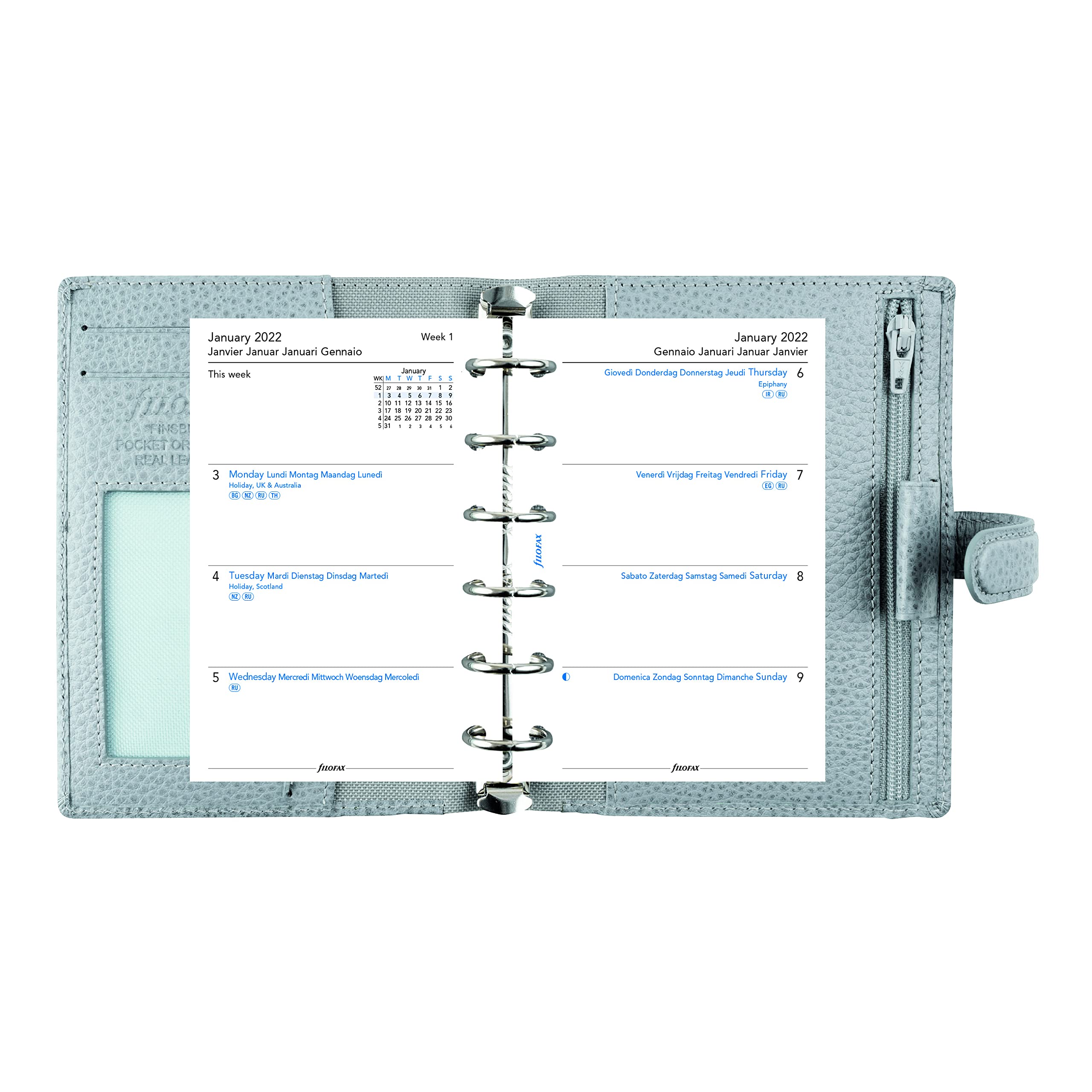 Filofax Finsbury Organizer, Pocket Size, Slate Grey - Traditional Grained Leather, Six Rings, Week-to-View Calendar Diary, Multilingual, 2022 (C029512-22)