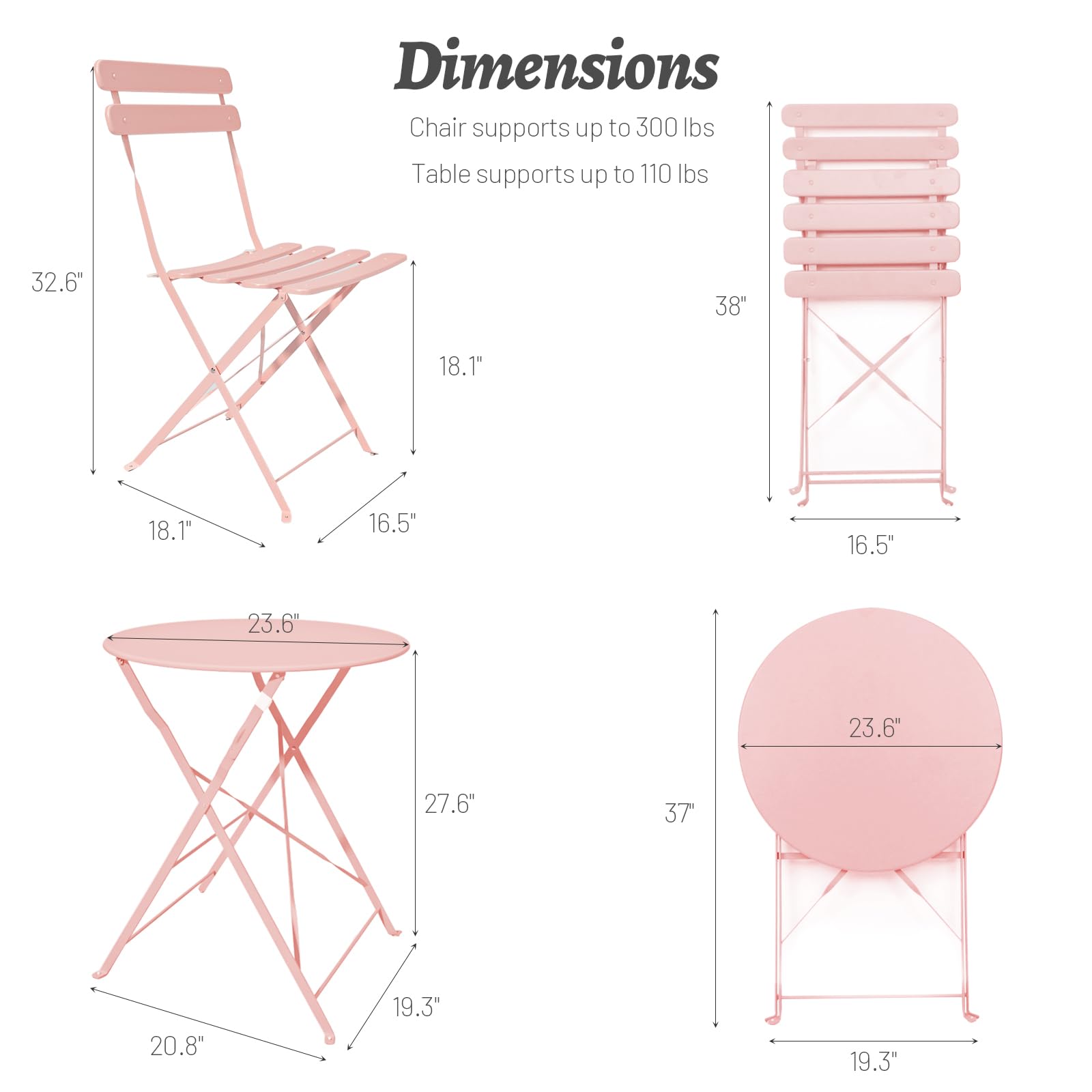 LUMISOL 3 Piece Folding Patio Bistro Set, Premium Steel Patio Furniture Sets, Foldable Patio Table and Chairs Set with Removable Cushions for Patio, Backyard, Balcony, Poolside, Pink