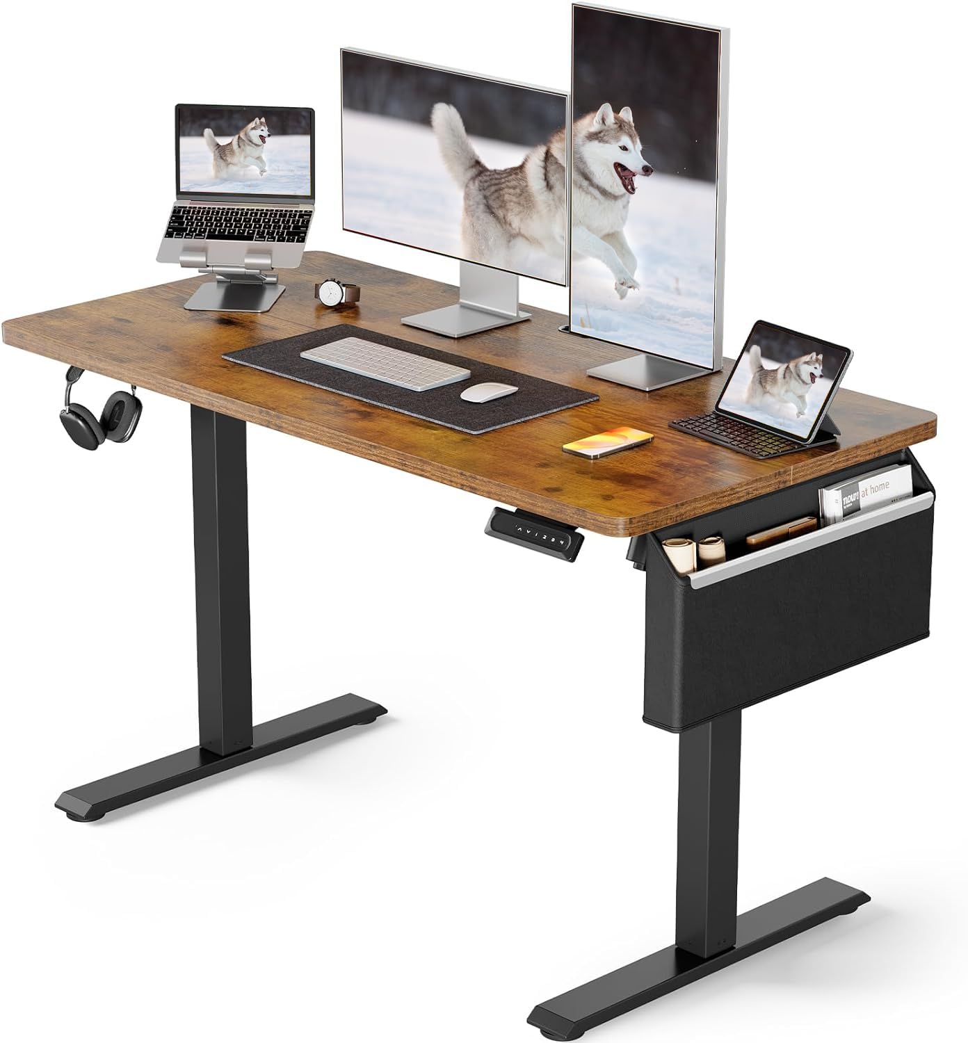 ErGear Standing Desk with Storage Pocket, 48 x 24 inch Height-Adjustable Standing Desk, Electric Standing Desk Workstation with Height Memory Presets for Home & Office, Vintage Brown