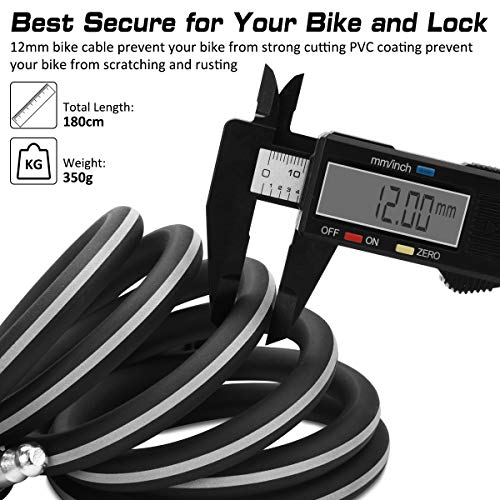 Homoto Bicycle Lock with Key, Cable Locks with Key, Chain Lock Bicycle 1.2 cm Diameter, with Waterproof Keyhole Lid, Support and Reflective Strips, 180 cm