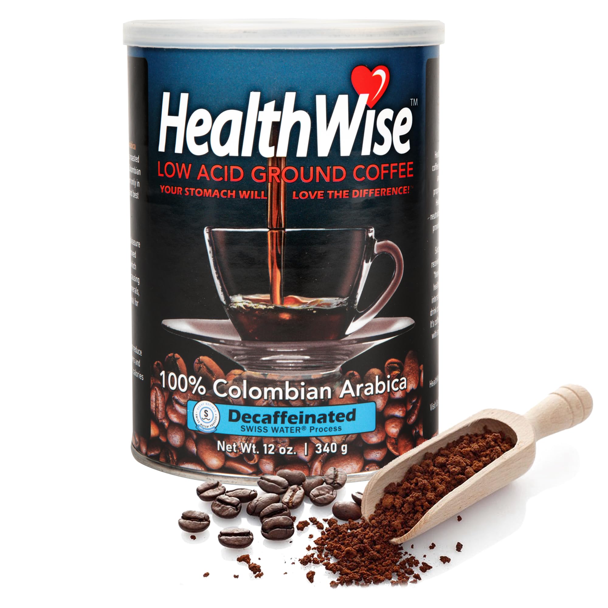 HealthWise Low Acid Swiss Water Decaffeinated Coffee, 100% Colombian Decaf Supremo, 12 Ounce