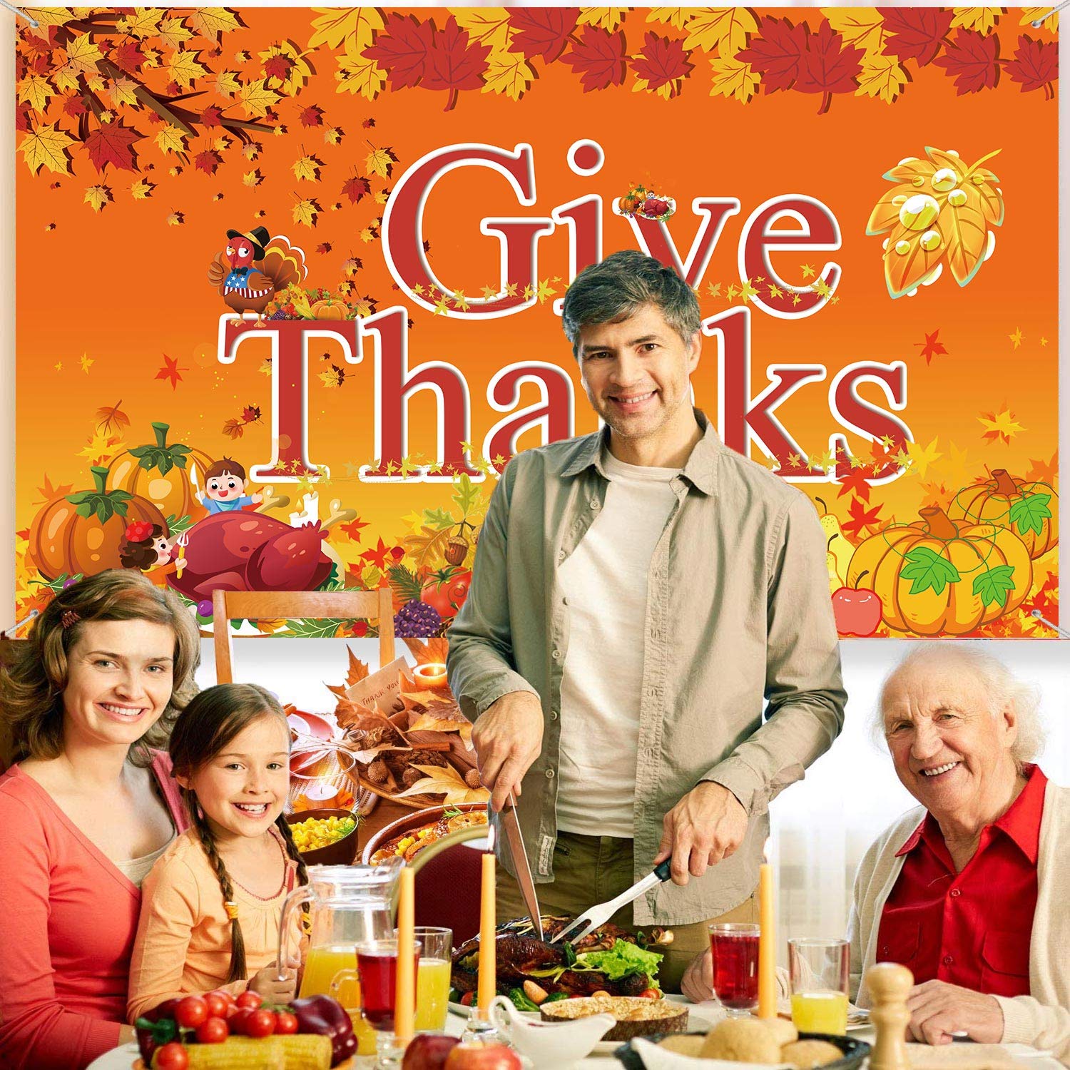GIVE Thanks Extra Large Fabric Sign Poster Banner Backdrop for Thanksgiving Day Party Decorations with Pattern Pumpkin Maple Leaf Turkey Corn Fruit Welcome Autumn Hang Outdoor Indoor 43.3"x70.8"