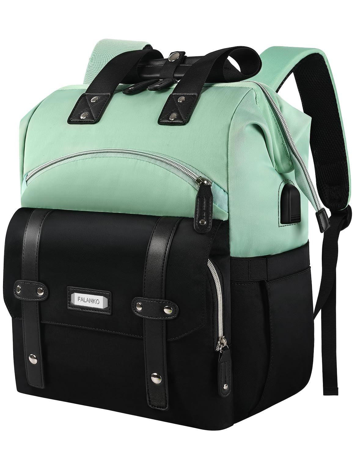 FALANKO Laptop Backpack for Women, Work Doctor Teacher Nurse Wide Open College School Student 15.6 Inch Laptops Bookbag Purse with USB Charging Port,Computer Bag for Men Women Girls Green-Black