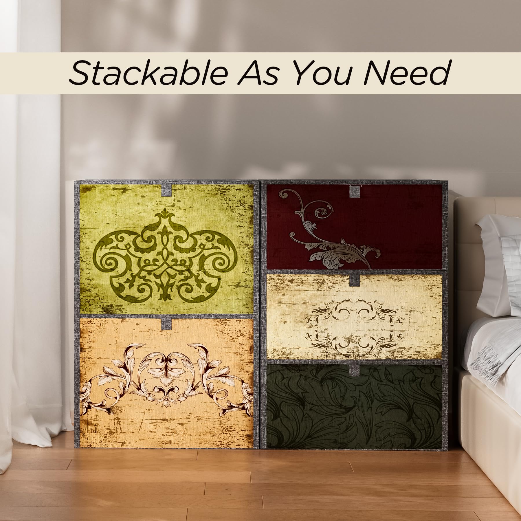 VASICAR 5 Pack Stackable Storage Boxes with Metal Frame & Pull-down Lid, Foldable Storage Cube Bins Shoe Containers Boxes for Bedroom, Pattern
