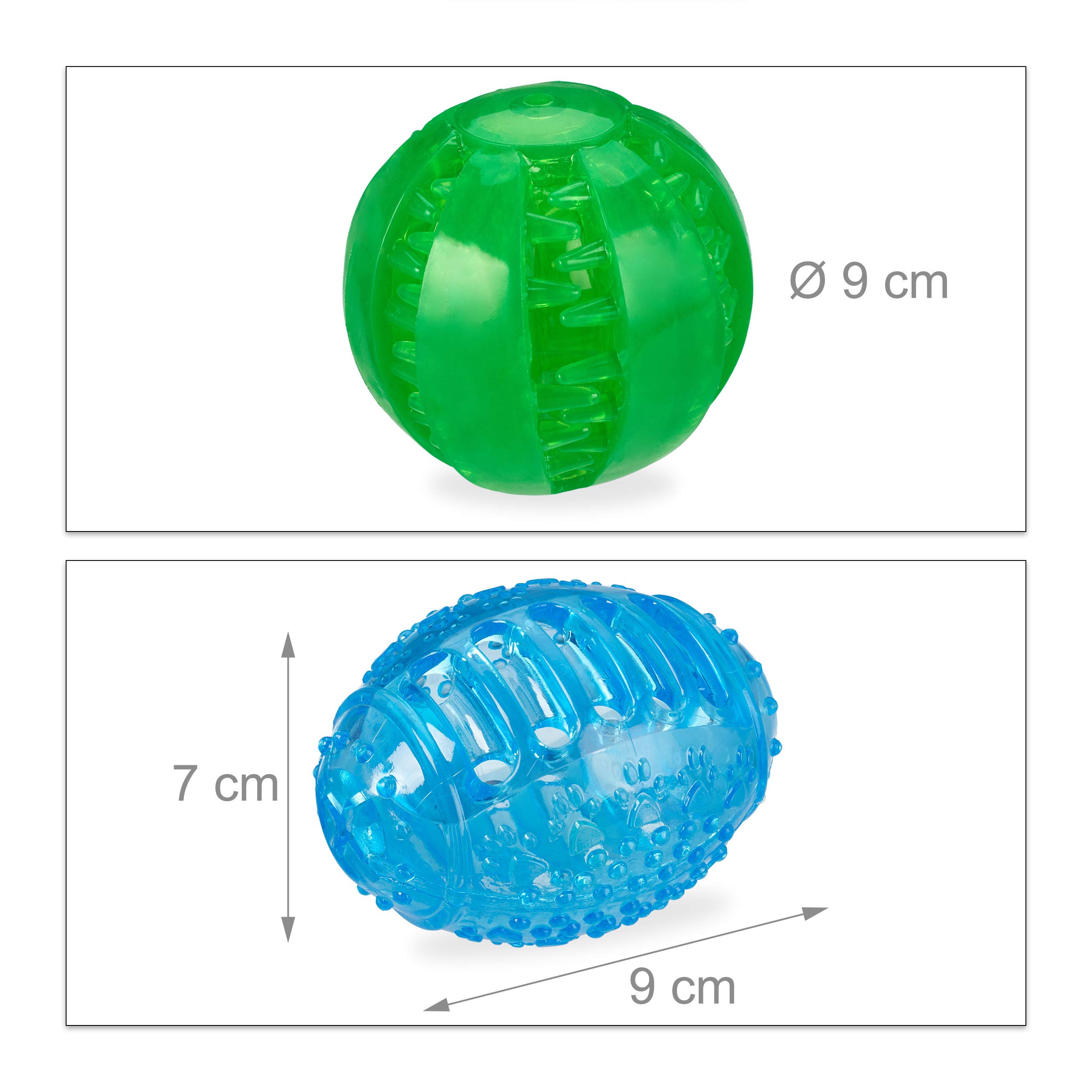 Relaxdays Chew Set of 2, Dog Toy Dental, Squeaks, Bite-Proof, Robust, 2 Sizes Teeth Cleaning Balls, Green/Blue, One