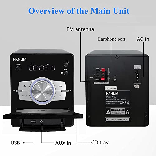 Home Stereo System with CD Player FM Radio Bluetooth AUX in/USB in, Earphone Jack, Remote Control, 30W HiFi Shelf Stereo System