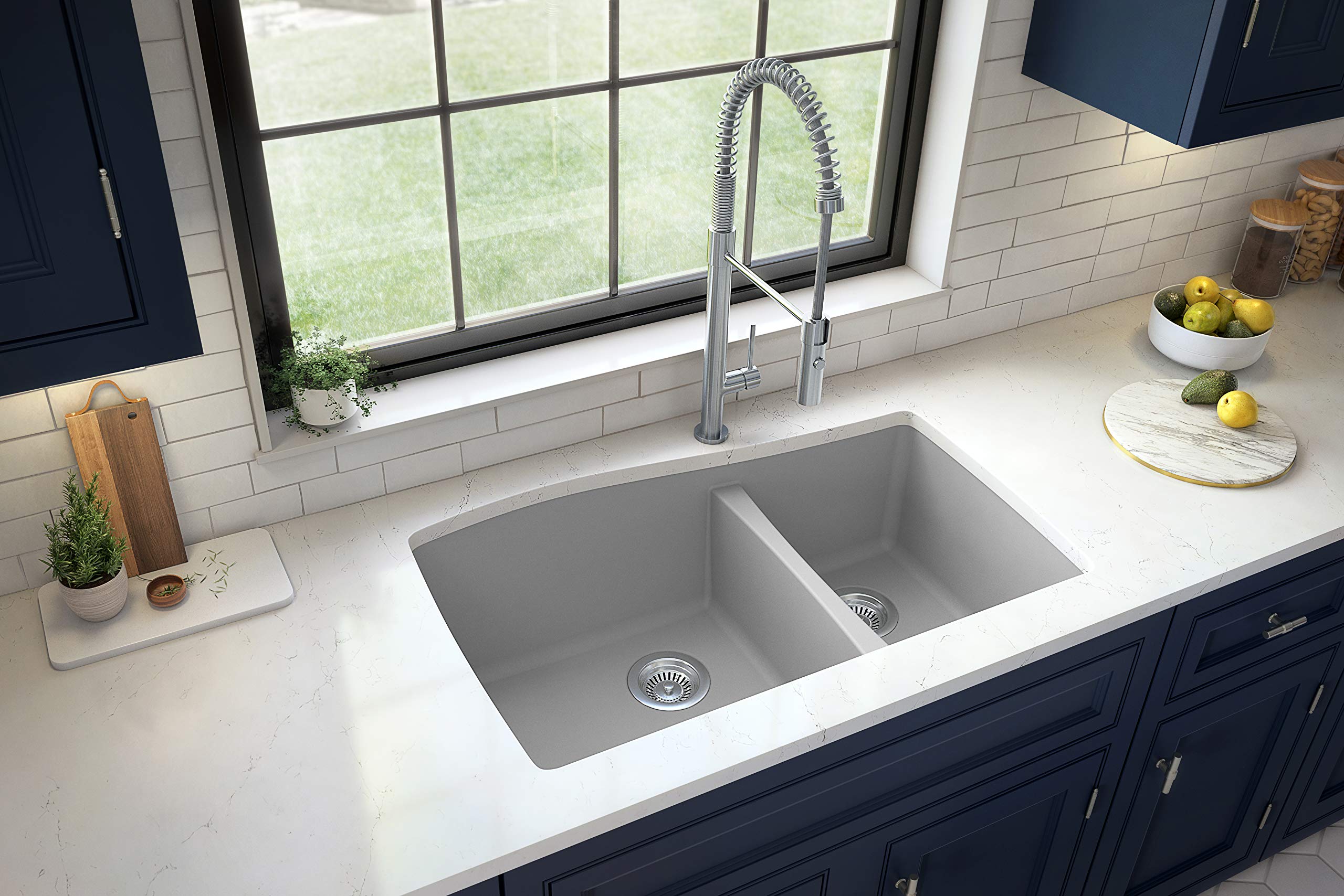 Karran QU-721 Undermount Quartz Composite 33 in. 60/40 Double Bowl Kitchen Sink with Bottom Grids and Strainers in Grey