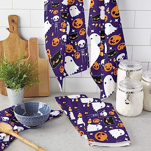 Yun Nist Kitchen Dish Towels,Halloween Cartoon Skeleton Pumpkin Navy Soft Microfiber Dish Cloths Reusable Hand Towels,Black Cat White Ghost Washable Tea Towel for Dishes Counters 1 Pack