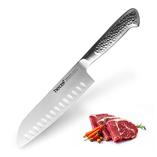 hecef 7 inch Santoku knife High Carbon Stainless Steel Japanese Chef Knife with Hammered Hollow Handle, Ultra Sharp Asian Chopping Kitchen Knife for Meat & Fish & Vegetable & Fruit