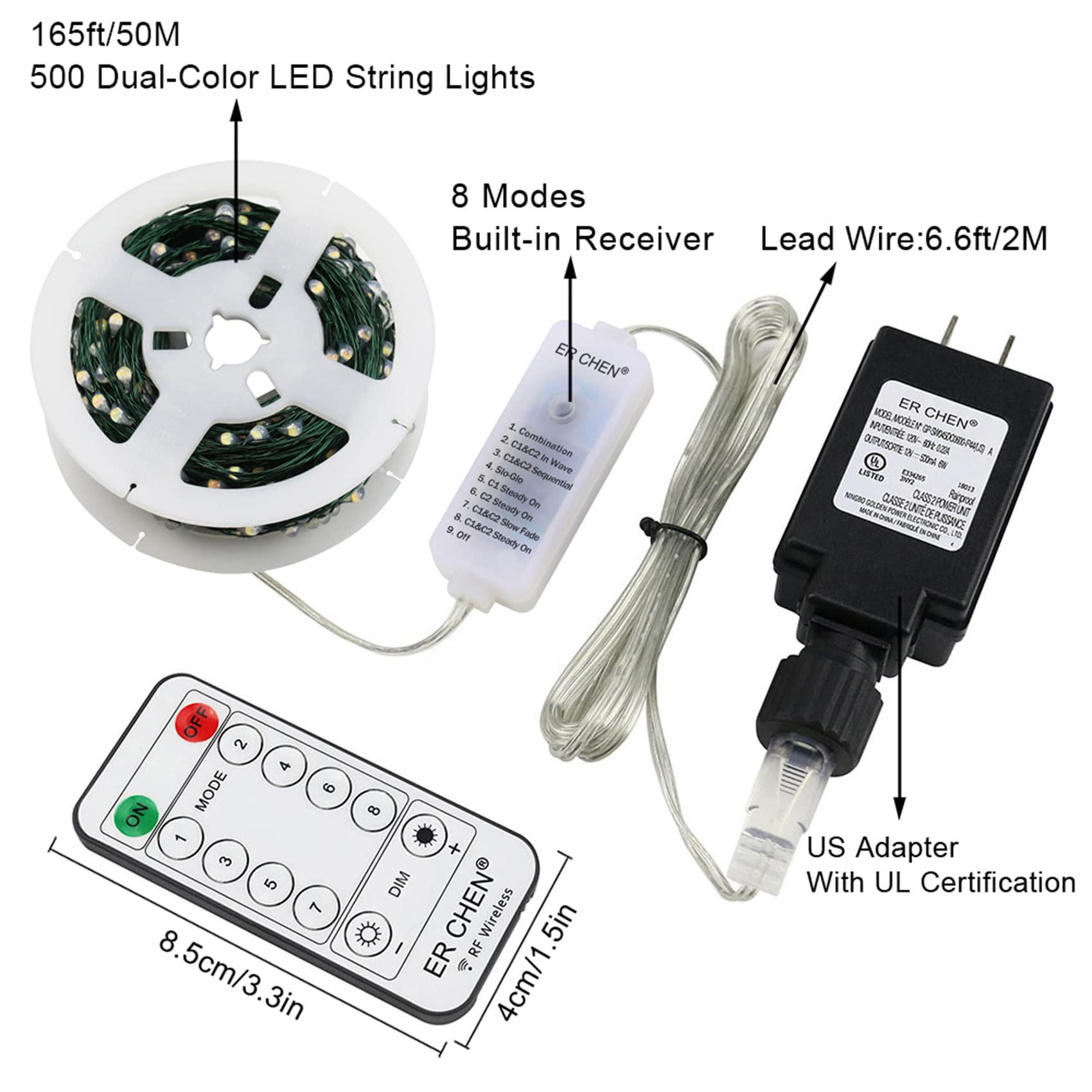 ErChen Dual-Color LED String Lights, Green Copper Wire Plug in 66 FT 200 LEDs Dimmable Fairy Lights with UL Adapter RF Remote Timer 8 Modes for Christmas Party Wedding (Green/Warm White)