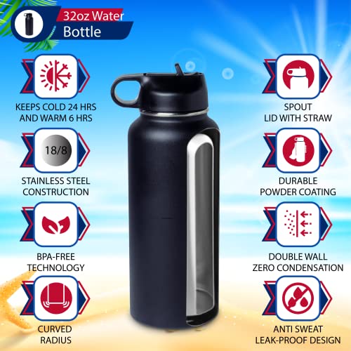 WTP We The People American Flag Stainless Steel Water Bottle Insulated - Double Walled Two-Sided Laser Engraved Hydration Bottle Hot or Cold / 32 oz US Constitution