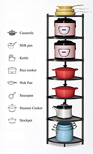 ZIGAMA 7-Tier Kitchen Corner Shelf Adjustable Pot Rack, Cookware Free Standing Storage Organizer ,Pot and Pans Tower Metal Shelves for Kitchen