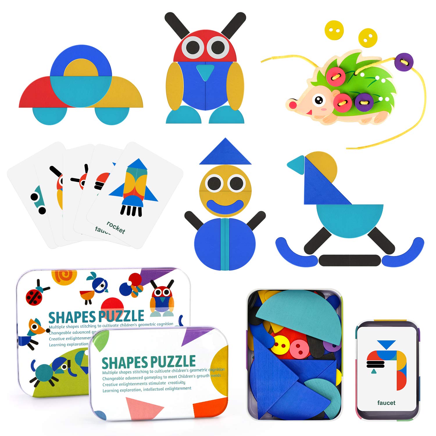 Fansteck 103 Pieces Wooden Pattern Blocks - Shape Puzzles Sorting and Stacking Games, Hedgehog Lacing Toy, Educational Toys for Classroom
