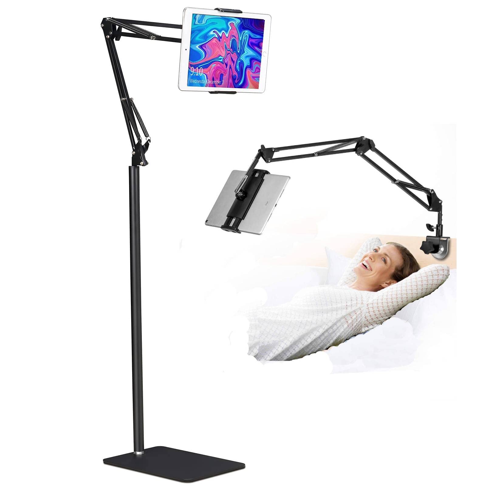 iPad Tablet Holder for Bed - Arm Height Adjustable Tablet Floor Stand Metal 360° Rotating iPad Clamp Mount for iPad Pro, iPad Air, iPad Mini, Kindle Reading and Other 4.7~12.9'' Phones and Tablets