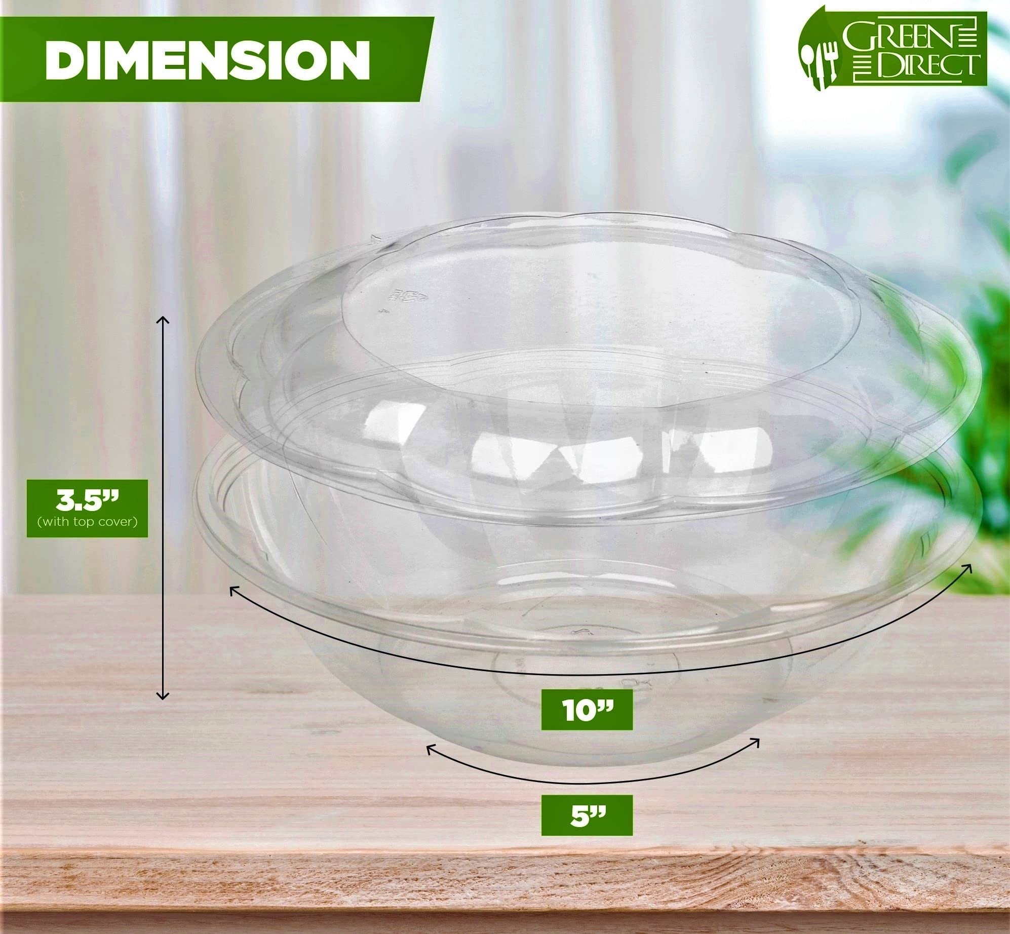Green Direct 64 oz. Salad Containers with Lids - Pack of 10 | Clear Plastic Salad Bowls for Lunch, Serving, and Mixing